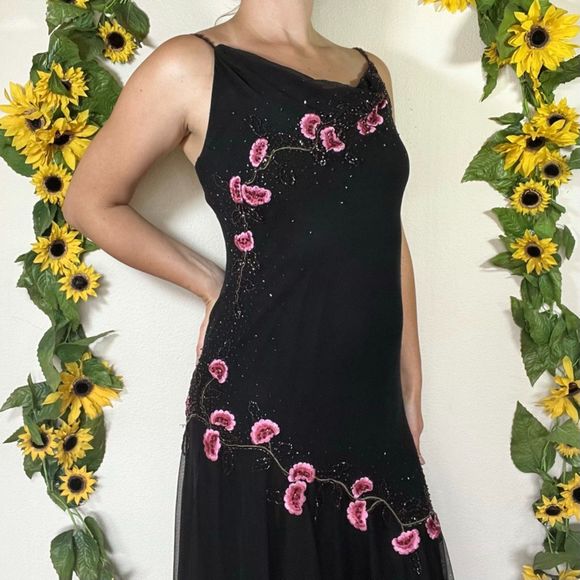 Xscape | Dresses | Vintage Xscape Petite Silk Black Beaded Floral ...